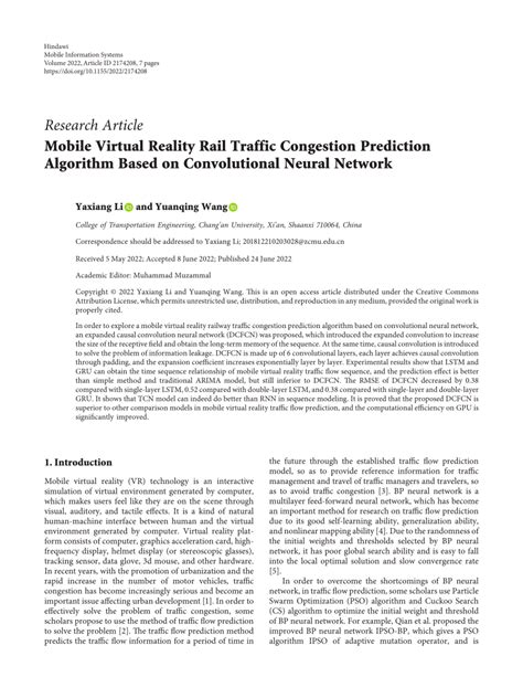 Pdf Mobile Virtual Reality Rail Traffic Congestion Prediction Algorithm Based On Convolutional