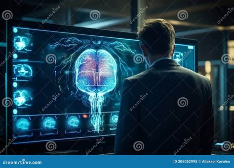 Medical Scientist Analyzing Ct Brain Scan Images In Neurological Research Center Stock