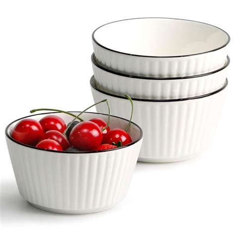 Bowls Set Of 4 White With Black Rim Stackable Ceramic Simple Bowls