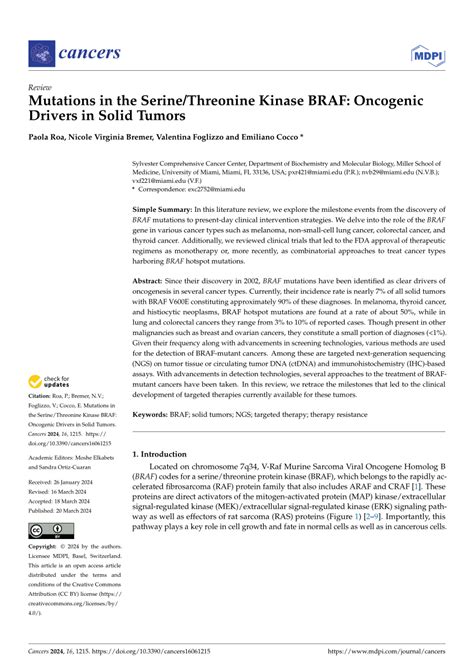 Pdf Mutations In The Serinethreonine Kinase Braf Oncogenic Drivers In Solid Tumors