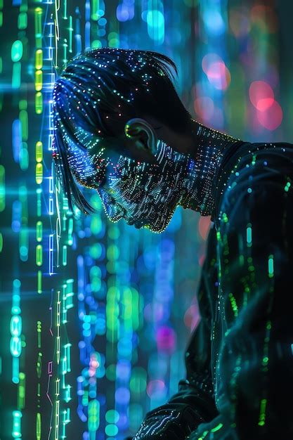 Tall Non Binary Hacker Model With Led Embedded Bodysuit Holo High