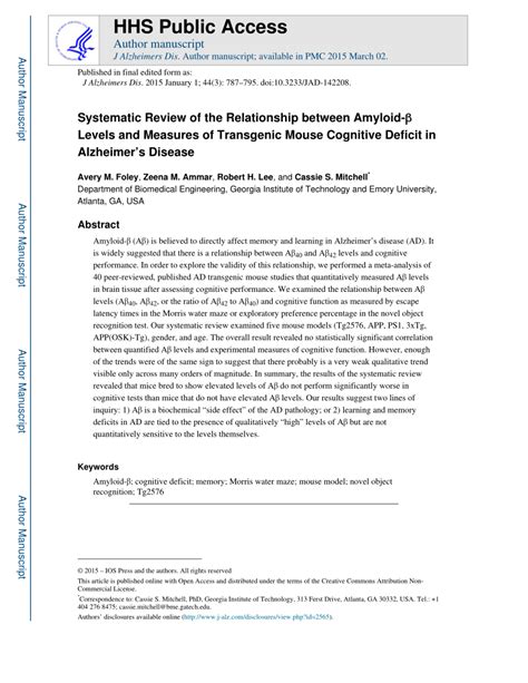 Pdf Systematic Review Of The Relationship Between Amyloid β Levels And Measures Of Transgenic