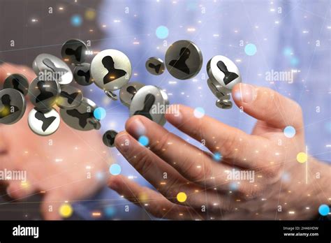 D Rendering Of A Group Of Floating People Icons On A Businessman S Hand Stock Photo Alamy