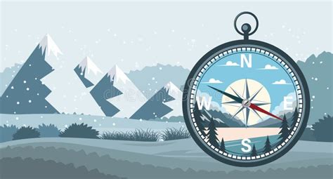 Illustration Of A Compass Against A Landscape Background Compass Icon