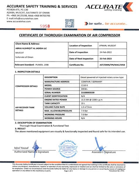 Certificate Tpi Air Compressor Feb22 Abraj Pdf