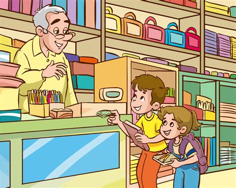 Niños Comprando Para La Escuela Del Vector De Dibujos Animados De Papelería 17309584 Vector En