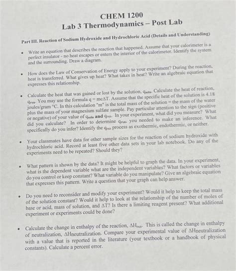 Solved Lab 3 Thermodynamics Post Lab Part Iii Reaction Of