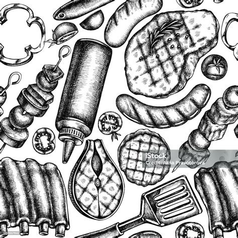 검은 색과 흰색 주걱 돼지 갈비 케밥 소시지 스테이크 소스 병 구운 햄버거 패티 구운 토마토 구운 연어 스테이크 구운 피망이있는
