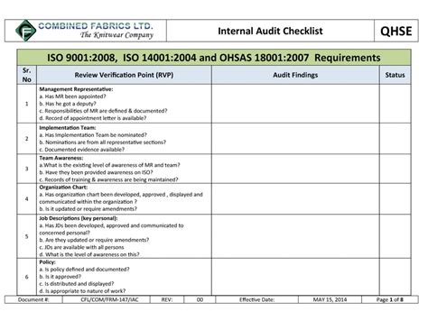 Internal Audit Checklist Template Word