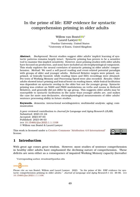 Pdf In The Prime Of Life Erp Evidence For Syntactic Comprehension Priming In Older Adults