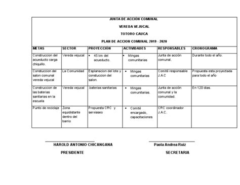 Plan De Acción Comunal Vejucal 2019 2020 Pdf