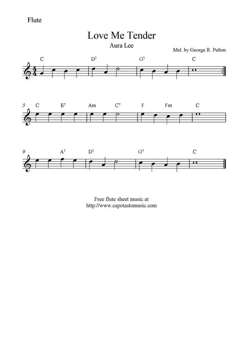 Easy Sheet Music For Beginners Love Me Tender Aura Lee Free Flute