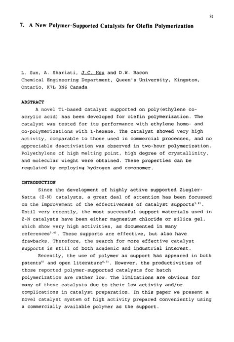 Pdf 7 A New Polymer Supported Catalysts For Olefin Polymerization