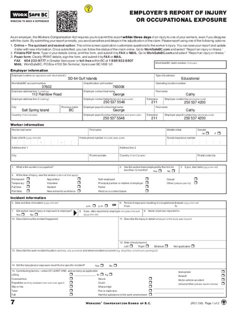 Fillable Online Form 7 Worksafebc Employers Report Of Injury Or