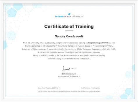 Sanjay Kondaveeti On Linkedin Python Programming Certification Internshala