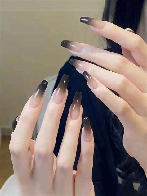 أظافر اصطناعية يرقي مظهرك مع طويل نعش أسود منحدر ألوان متدرجة ورقة