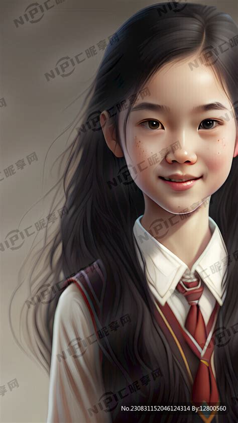 ai创作图正面小女生 长头发 面带微笑 半身像 昵图网