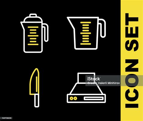 세트 라인 측정 컵 주방 추출기 팬 칼 및 찻주전자 아이콘 벡터 가정 주방에 대한 스톡 벡터 아트 및 기타 이미지 가정 주방