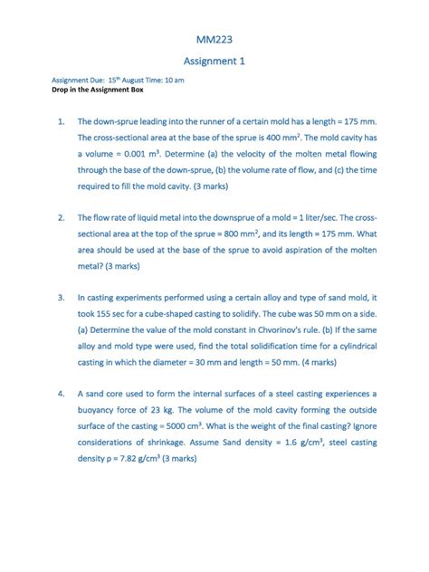 Mm223 Assignment 1 Casting And Forming Process Calculations Pdf