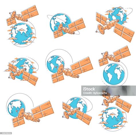우주 지구 주위를 공전 하는 위성 통신 우주선 태양 전지 역 공간 하 고 위성 안테나 접시 얇은 선 3d 벡터 일러스트 화이트 격리 설정 0명에 대한 스톡 벡터 아트 및