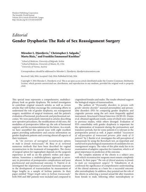 Pdf Gender Dysphoria The Role Of Sex Reassignment Surgery