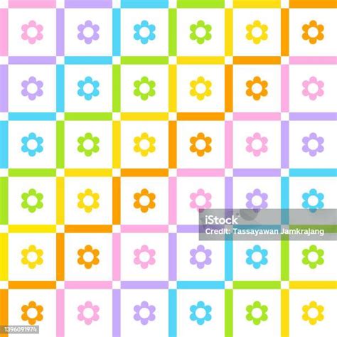 데이지 꽃 식물 자연 레인보우 귀여운 파스텔 스콧 격자 무늬 타탄 체크 무늬 라인 중첩 교차 깅엄 원활한 패턴 만화 벡터 일러스트 레이 션 인쇄 배경 패션 패브릭 피크닉
