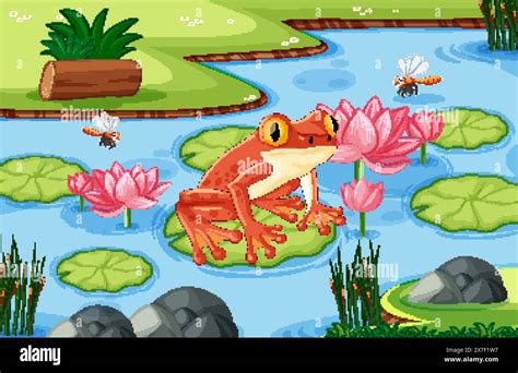 Frog Sitting On Lily Pad With Flowers Stock Vector Image And Art Alamy