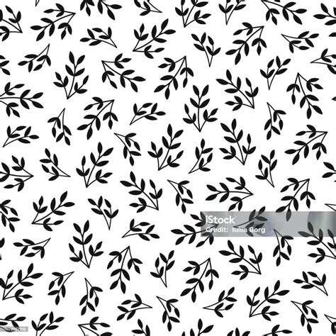 흑백 꽃무늬 매끄러운 패턴과 손으로 그린 나뭇잎 실루엣 자연 미니멀리스트 벽지입니다 간단한 낙서 식물 또는 정원 테마 배경 꽃무늬에 대한 스톡 벡터 아트 및 기타 이미지