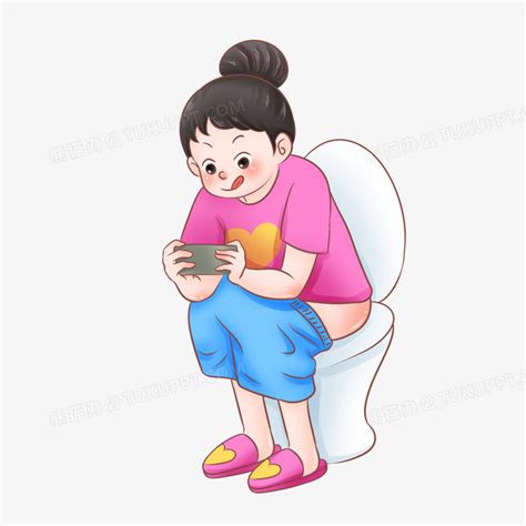 手绘卡通女生边拉屎边玩手机游戏很入迷元素PNG图片素材下载 卡通PNG 熊猫办公