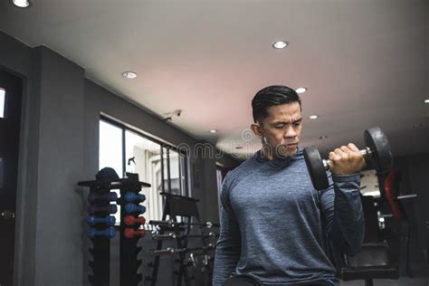 A Fit Asian Man In A Sweatshirt Does Alternating Seated Dumbbell Curls Working Out And Training