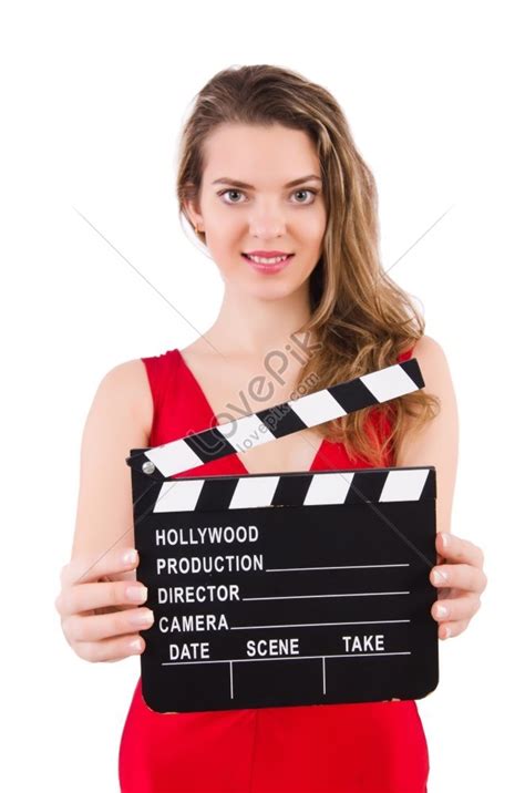 흰색 배경에 고립 된 Clapperboard를 들고 여자 사진 무료 다운로드 Lovepik
