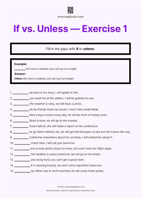 If Or Unless — Conditional Sentences English Grammar Worksheets