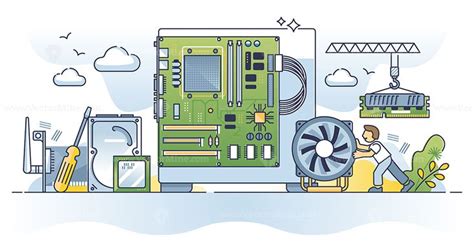 Building Pc With Electronic Hardware Parts And Components Outline