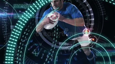 Animation Of Data Processing And Scope Scanning Over Caucasian Male Rugby Player Stock Video