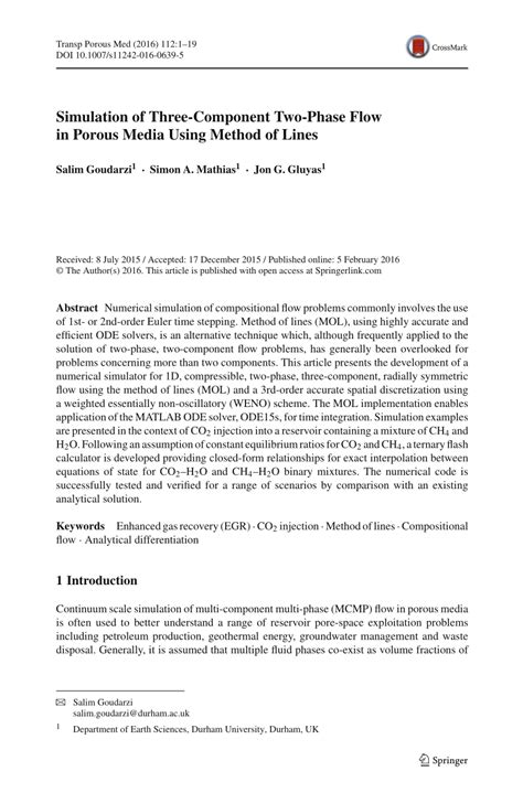 Pdf Simulation Of Three Component Two Phase Flow In Porous Media Using Method Of Lines
