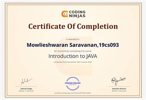 Mowlieshwaran S On Linkedin Java Codingninjas Certificatecomplete