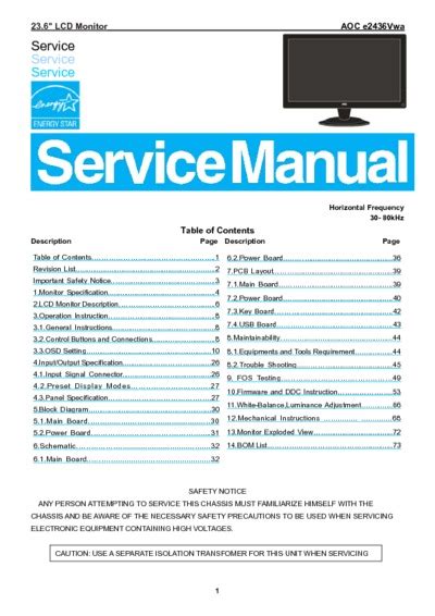 AOC E Vwa LCD Monitor Service Manual Repair Schematics