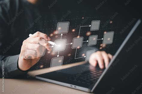 Business Process And Workflow Automation With Flowchart Man Working On Hierarchy Scheme