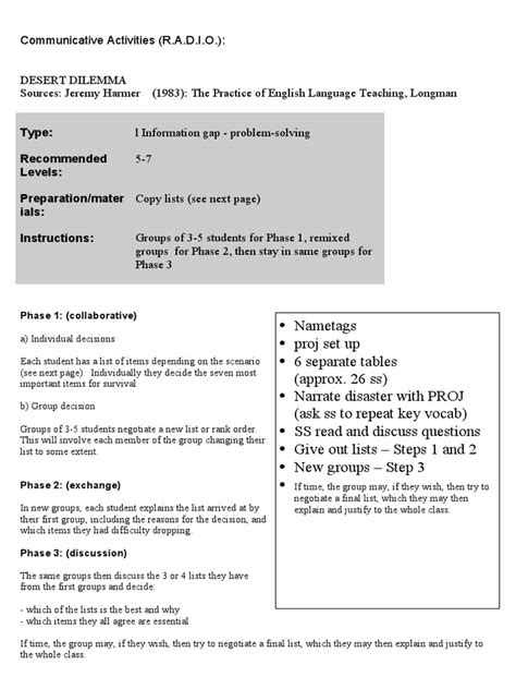 Desert Dilemma Speaking Activity Pdf English As A Second Or Foreign Language