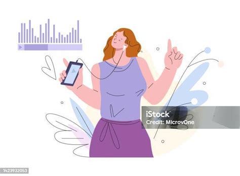 소녀는 음악을 듣는다 팟캐스트나 오디오북을 듣는 헤드폰을 사용하는 십대 재미있는 젊은 여성이 스마트 폰 앱에서 라디오를 즐기고 킥키 벡터 캐릭터를 춤추고 있습니다 귀여운에