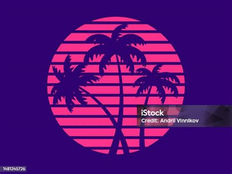 미래 지향적 인 80 년대 스타일의 일몰에 열대 야자수 여름철 신스웨이브와 레트로웨이브 스타일의 야자수 실루엣 광고 책자 및 배너 디자인 벡터 일러스트 레이 션 밤 하루