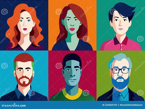 A Group Of People With Different Hair Colors And Facial Features Stock