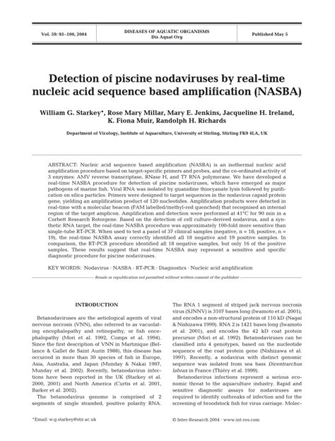Pdf Detection Of Piscine Nodaviruses By Real Time Nucleic Acid