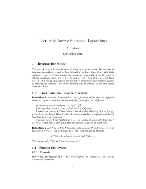 Lecture Notes Inverse Functions And Logarithms Lecture Inverse Functions Logarithms A