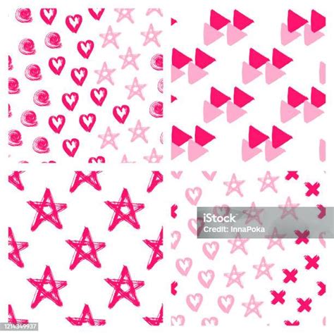 4 로맨틱 발렌타인 데이 하트 삼각형 십자가 별과 신부 원활한 패턴의 세트 포장지 초대 장 린넨 등을위한 귀여운 벡터 배경 화면 흰색 배경입니다 0명에 대한 스톡 벡터 아트
