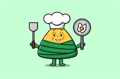 평면 만화 스타일 Illu에 팬과 주걱을 들고 귀여운 만화 중국 쌀 만두 요리사 캐릭터 프리미엄 벡터