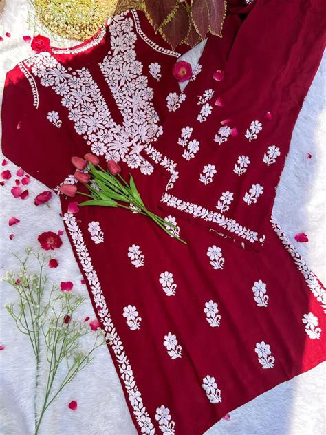 Khushi Maroon Rayon Lucknowi Chikankari Kurta Set Hayats Lucknowi