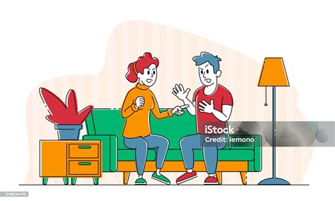 남편과 아내 문자 스캔들 인간 관계 가정 폭력 및 포인세이 남용 개념 젊은 가족 싸움과 맹세 공격적인 남자 는 여자에 소리 선형 사람 벡터 일러스트레이션 가정의 방에 대한