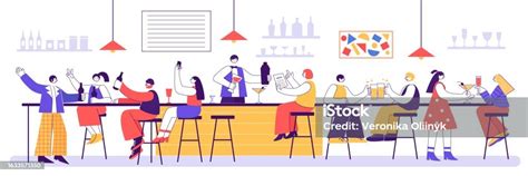 바 파티 레스토랑 바 카운터에서 술을 마시는 사람들 펍 인테리어에서 축하하는 사람들 바텐더 벡터 일러스트레이션의 알코올 칵테일 선술집에 대한 스톡 벡터 아트 및 기타 이미지