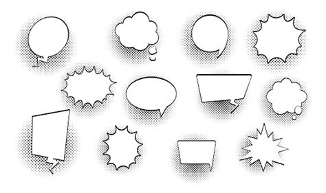 흰색 배경에 검은 하프톤 그림자로 설정 복고풍 빈 만화 거품과 요소 벡터 일러스트레이션 빈티지 디자인 팝 아트 스타일 Sketch Comedy에 대한 스톡 벡터 아트 및